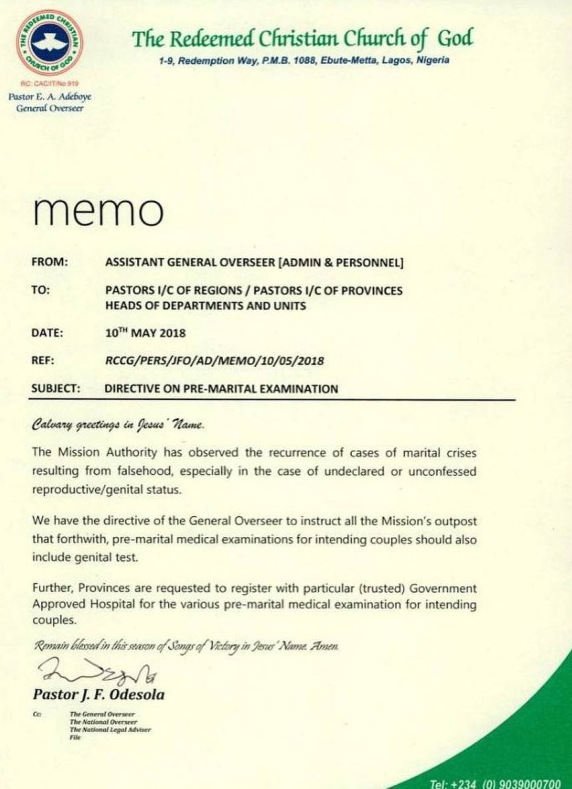 Genital checks: Good move by the RCCG - Vanguard News